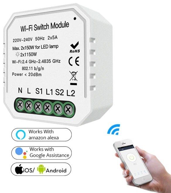 IFITech WiFi 2 Gang Smart Switch App, Voice & Timer Control 10A Module